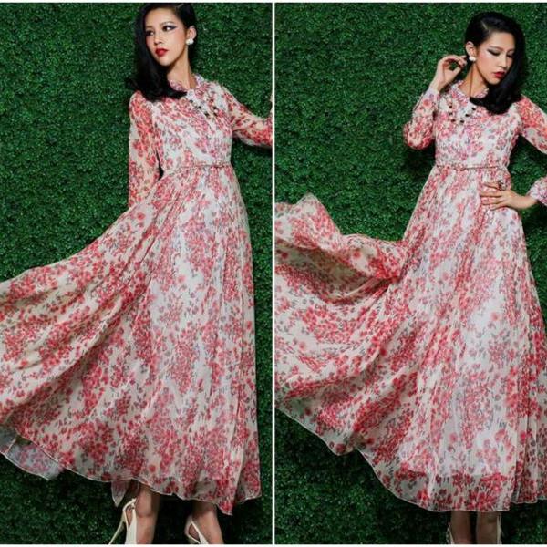 Fabulous Long Sleeve Floral Print Chiffon Dress On Luulla